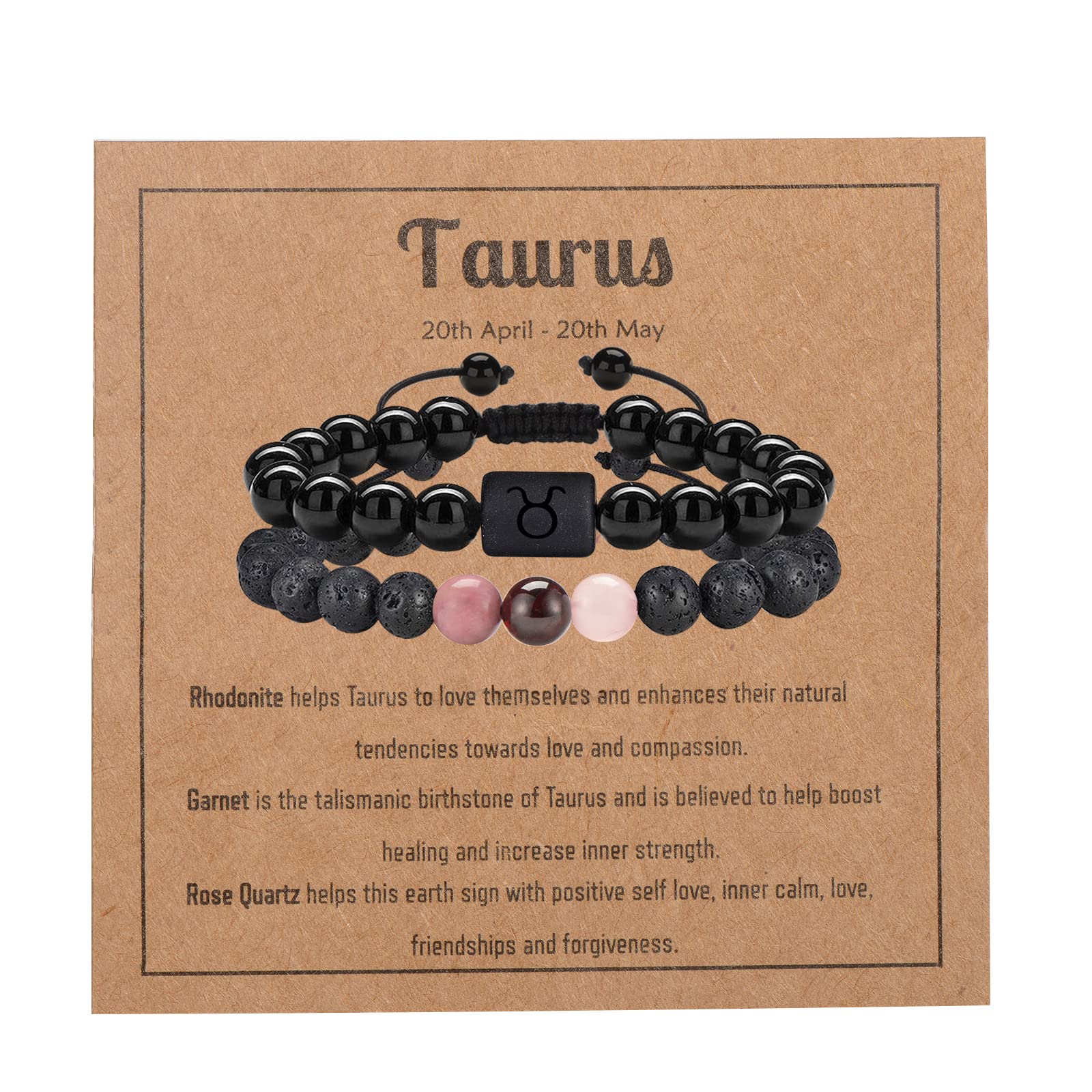 VLINRAS Zodiac Beaded Bracelets for Men Women, 8mm Black Onyx Lava Rock Bracelets Zodiac Taurus Gifts Healing Crystals Bracelet Adjustable