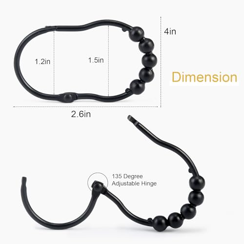 Shower Curtain Rings, SUTINE Shower Curtain Hooks, Wide Snap Shower Curtain Hooks Rust Proof, Anti-Fall Metal Shower Hooks for Shower Curtain, Glide Smoothly Shower Rings for Curtain, Black,12Pcs