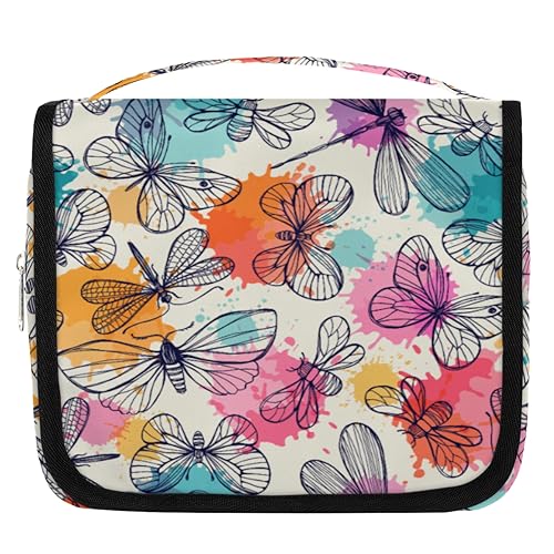 POFATO Butterfly Dragonfly Ink Travel Toiletry Bag Cosmetic Makeup Bag for Women Men Hanging Hook Wash Toiletries Portable Toiletry Bags Organizer