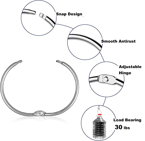 ZESLMG 24 PCS Chrome Shower Curtain Rings and Hooks, Rustproof Silver Metal Shower Rings for Bathroom, 2 Inch Loose Leaf Binder Rings