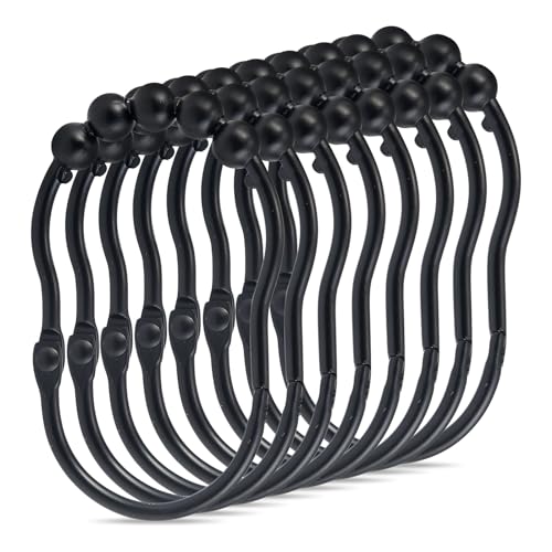 Shower Curtain Rings, SUTINE Shower Curtain Hooks, Wide Snap Shower Curtain Hooks Rust Proof, Anti-Fall Metal Shower Hooks for Shower Curtain, Glide Smoothly Shower Rings for Curtain, Black,12Pcs