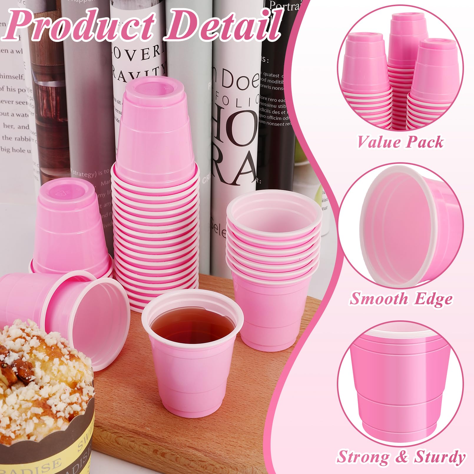 Blcculi 100 Pcs 2 oz Plastic Pink Shot Glasses - Disposable Party Cups for Jello Shots, Bachelorette and Birthday Parties - Mini Tasting Serving Shot Cups