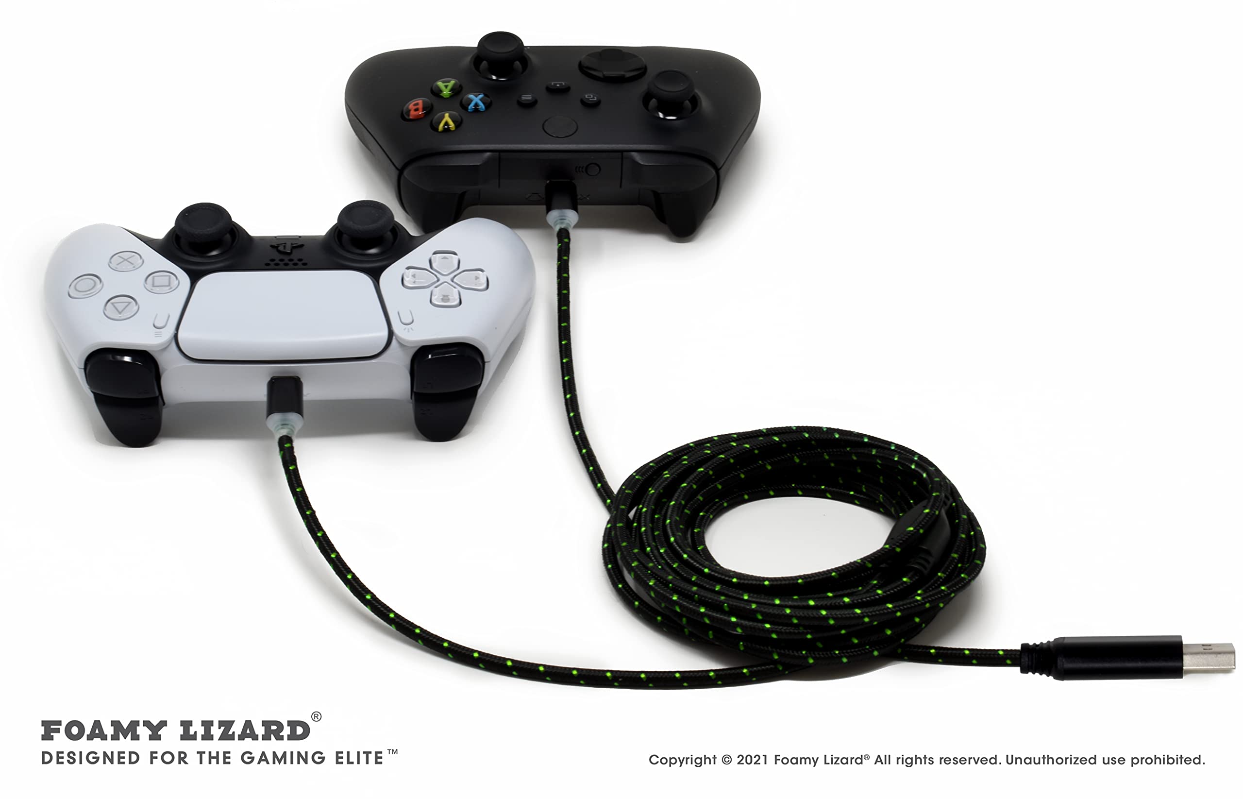 Foamy Lizard 10FT Split Controller Charger Cable for Xbox Series X/S, LED Fast Charging Braided Nylon Replacement Cord, Dual USB C for Elite 1/2, PlayStation 5, Accessories (A to C, Green LED)