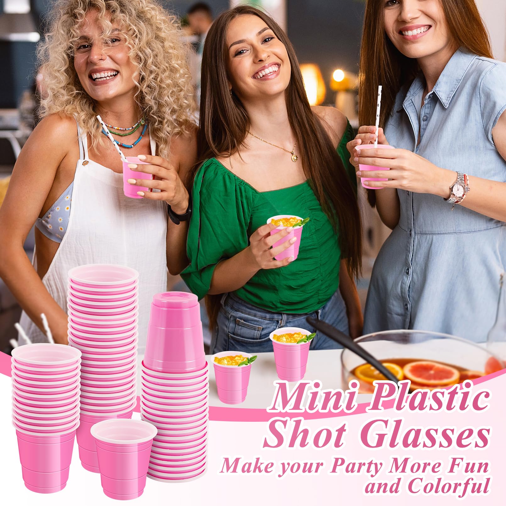 Blcculi 100 Pcs 2 oz Plastic Pink Shot Glasses - Disposable Party Cups for Jello Shots, Bachelorette and Birthday Parties - Mini Tasting Serving Shot Cups