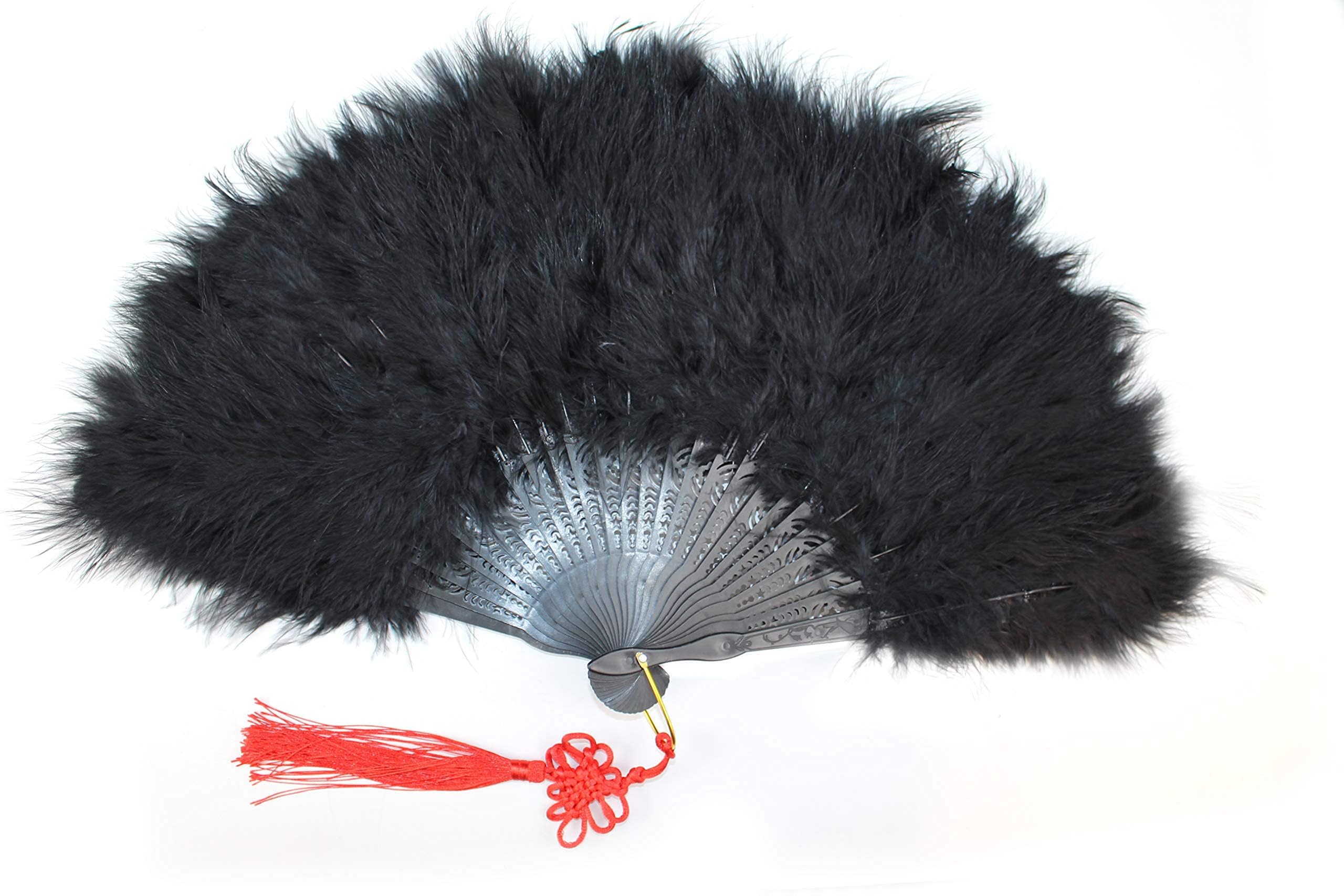 9 Colors Marabou Large Feather Fan 23"X12"for Dancing, Party, Wedding,Bridal Bouquet Deco (Black w/Black Staves)