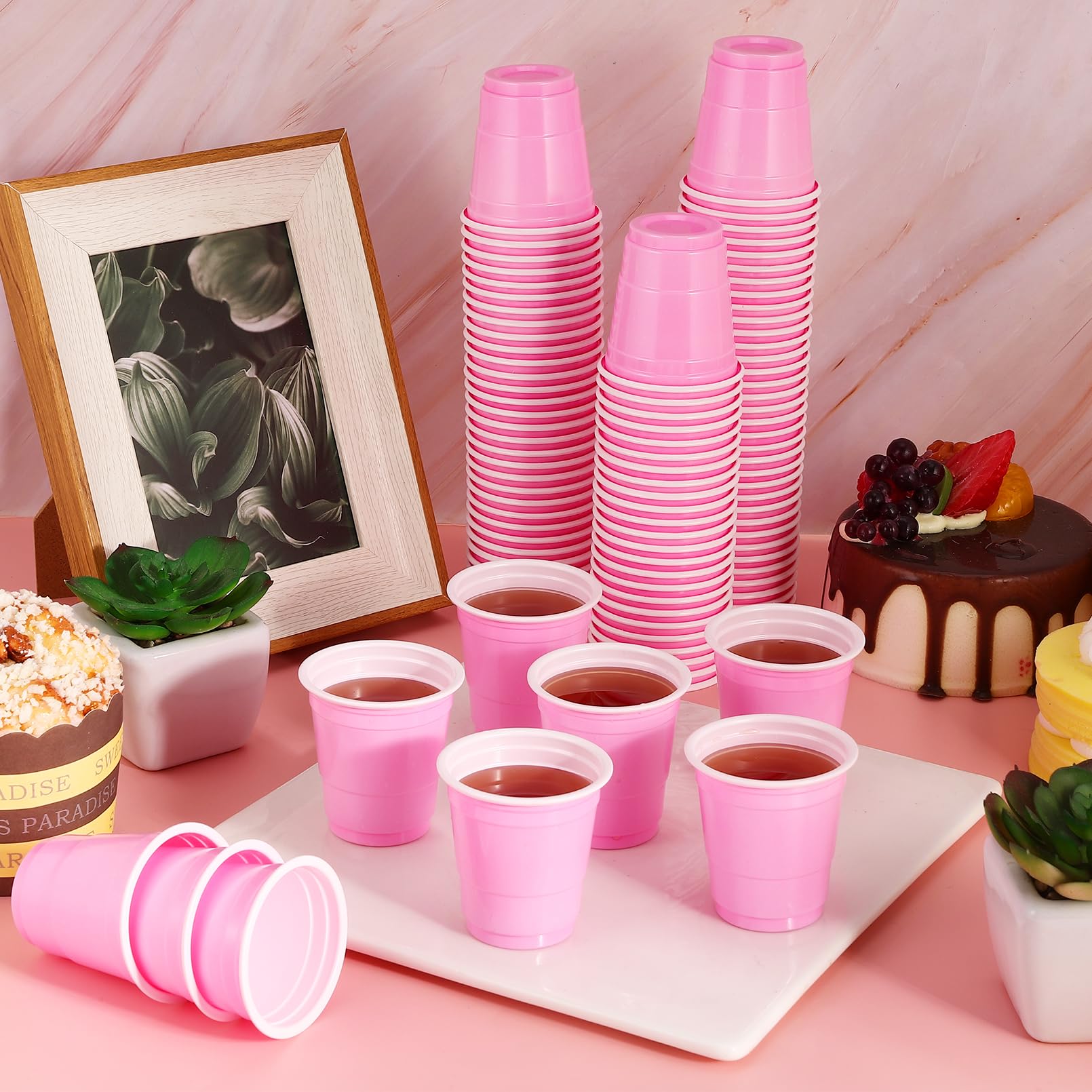Blcculi 100 Pcs 2 oz Plastic Pink Shot Glasses - Disposable Party Cups for Jello Shots, Bachelorette and Birthday Parties - Mini Tasting Serving Shot Cups