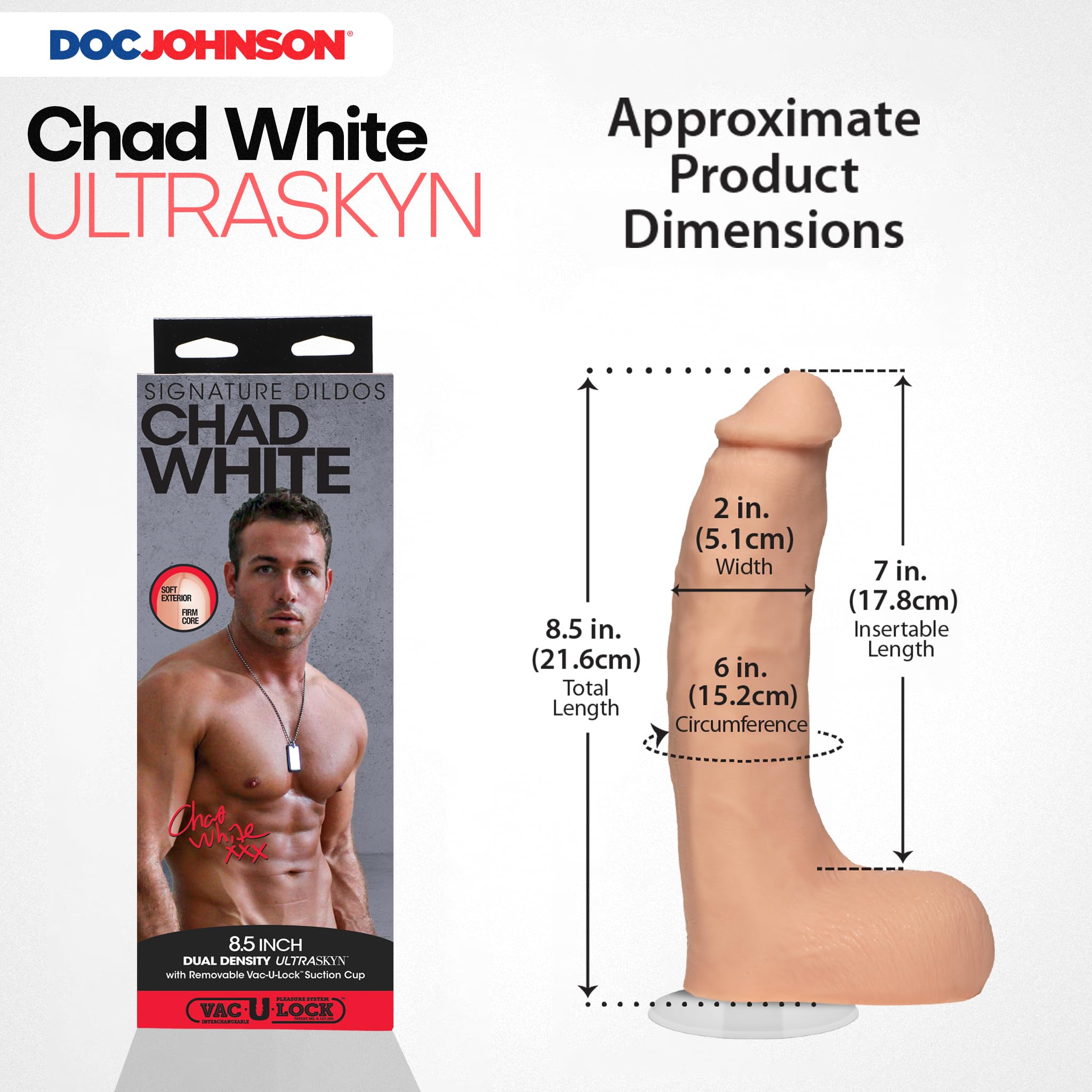 Doc Johnson Signature Series - Chad White - 8.5 Inch Realistic ULTRASKYN Dildo with Removable Vac-U-Lock Suction Cup - F-Machine & Harness Compatible, for Adults Only, Vanilla