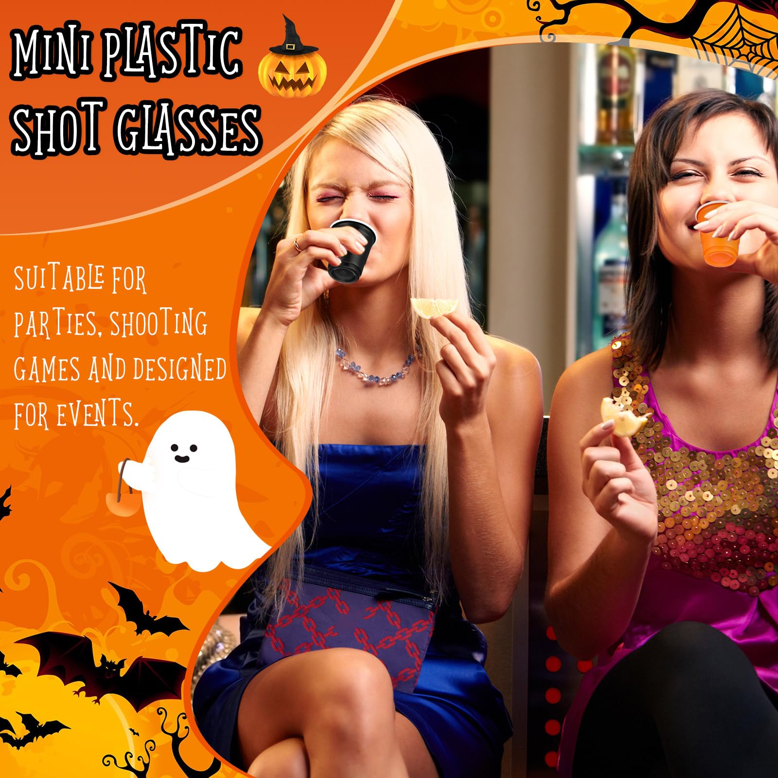 Sliner 200 Pcs Halloween Plastic Shot Cups Bulk Mini Shot Glasses 2 oz Cups Small Disposable Glasses for Christmas Birthday Party BBQ Drinking Taste Serving(Orange, Black)