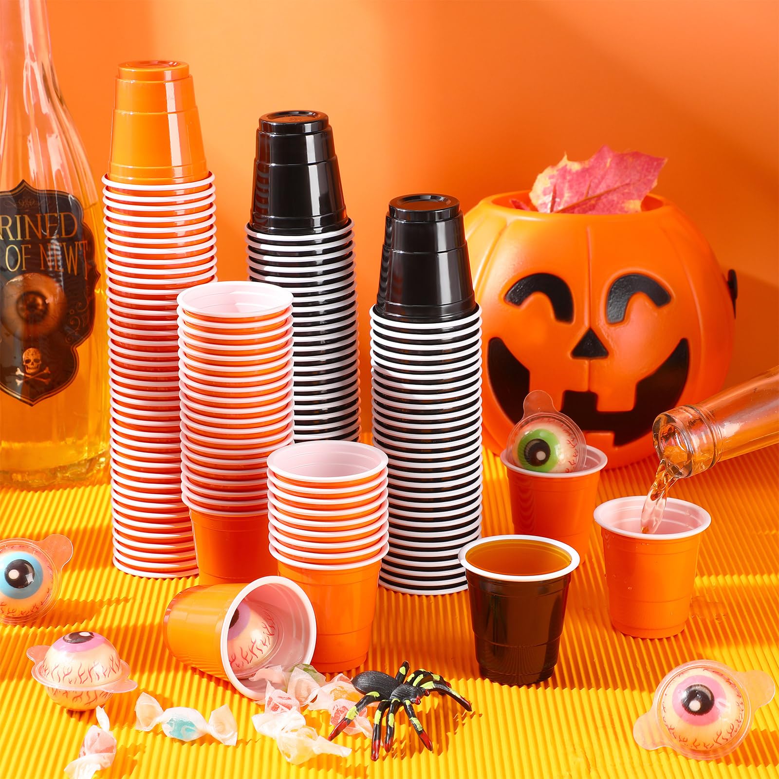 Sliner 200 Pcs Halloween Plastic Shot Cups Bulk Mini Shot Glasses 2 oz Cups Small Disposable Glasses for Christmas Birthday Party BBQ Drinking Taste Serving(Orange, Black)