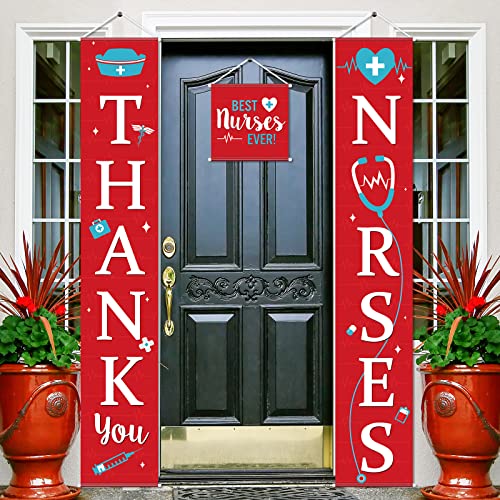 3 Pieces Thank You Nurses Porch Banner Nurses Front Door Hanging Banner Fabric Nurses Appreciation Week Porch Sign for Indoor Outdoor Nurse Day School Rn Party Wall Decor, 71 x 12 Inch (Red)