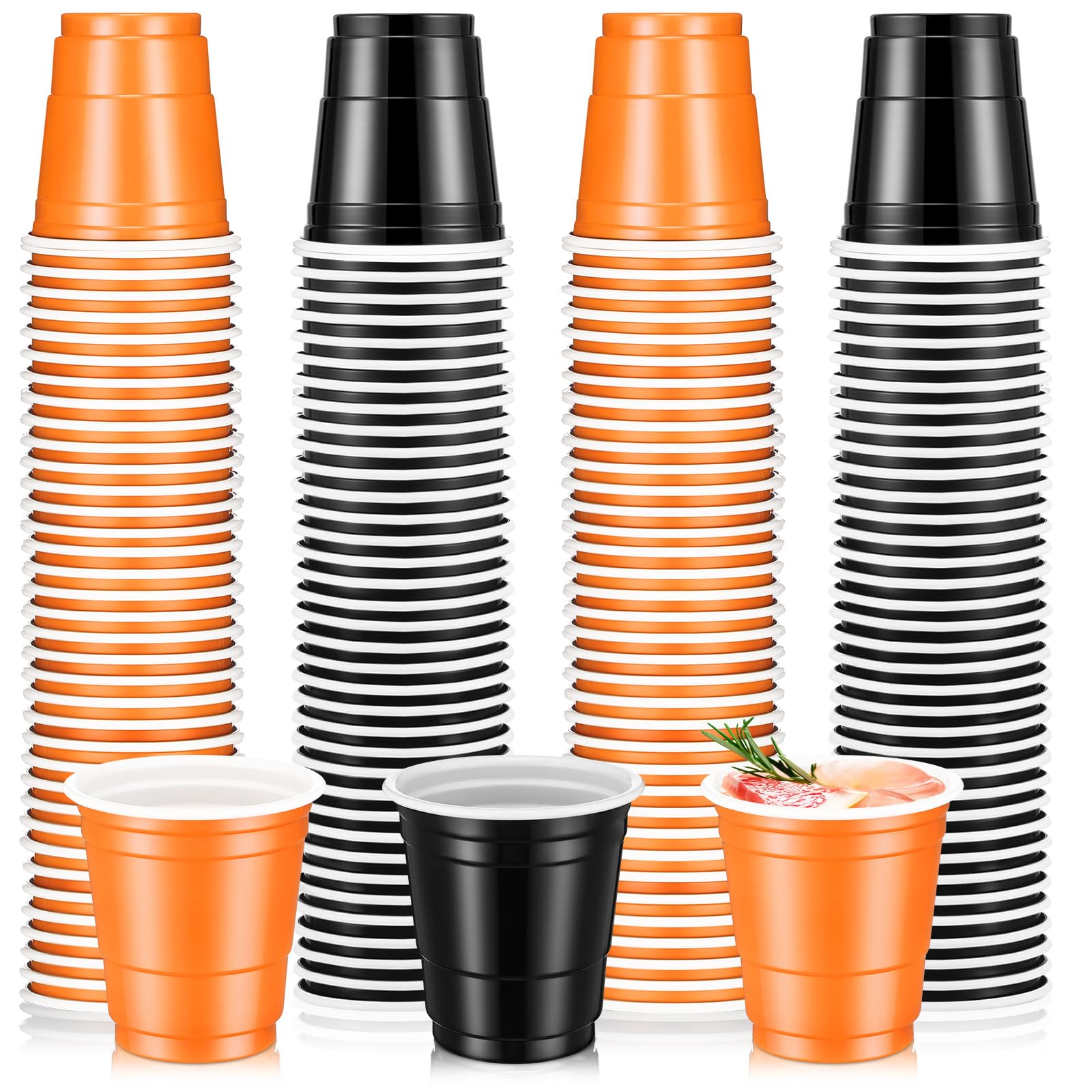 Sliner 200 Pcs Halloween Plastic Shot Cups Bulk Mini Shot Glasses 2 oz Cups Small Disposable Glasses for Christmas Birthday Party BBQ Drinking Taste Serving(Orange, Black)