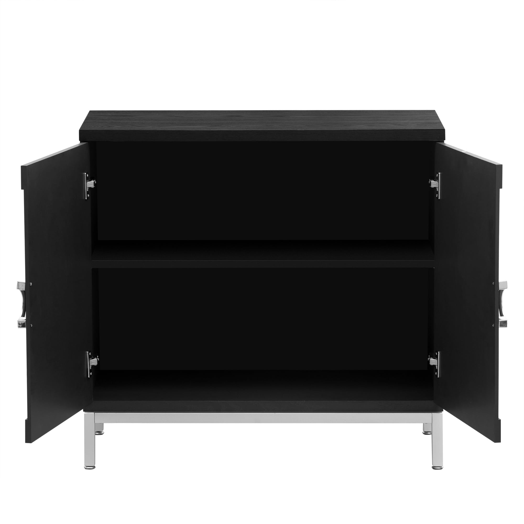 Modern Storage Cabinet with Adjustable Shelves, Buffet Sideboard Accent Cabinet with Solid Wood Veneer and Metal Leg Frame, Accent Cabinet for Living Room Dining Room Hallway (Black + MDF-34“L)