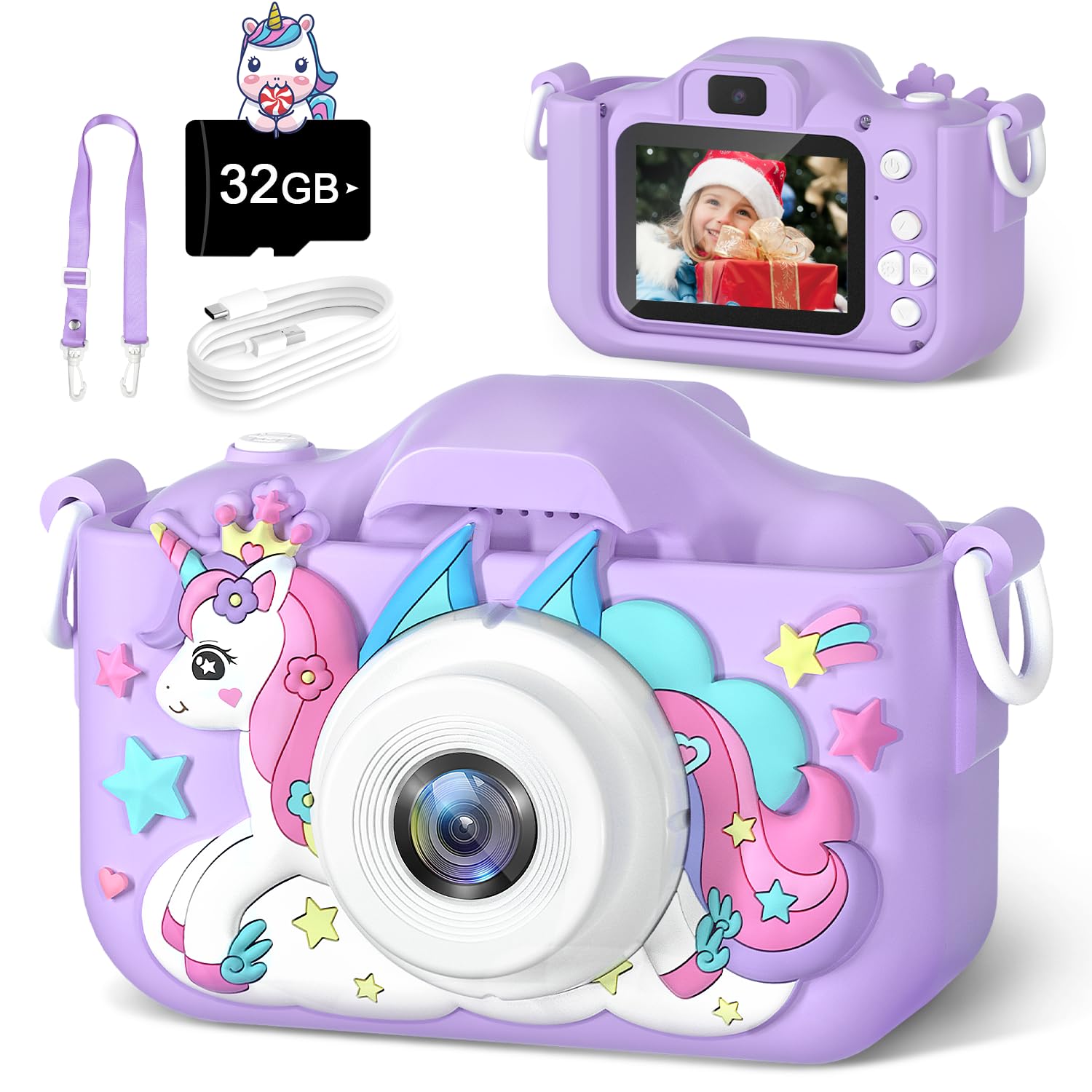 Anesky Kids Camera, Toy Camera for Kids Aged 3 4 5 6 7 8 9 10 11 12, 1080P HD Toddler Digital Video Camera, Children's Camera for Boys and Girls, Perfect Christmas & Birthday Gifts, 32GB Card - Purple