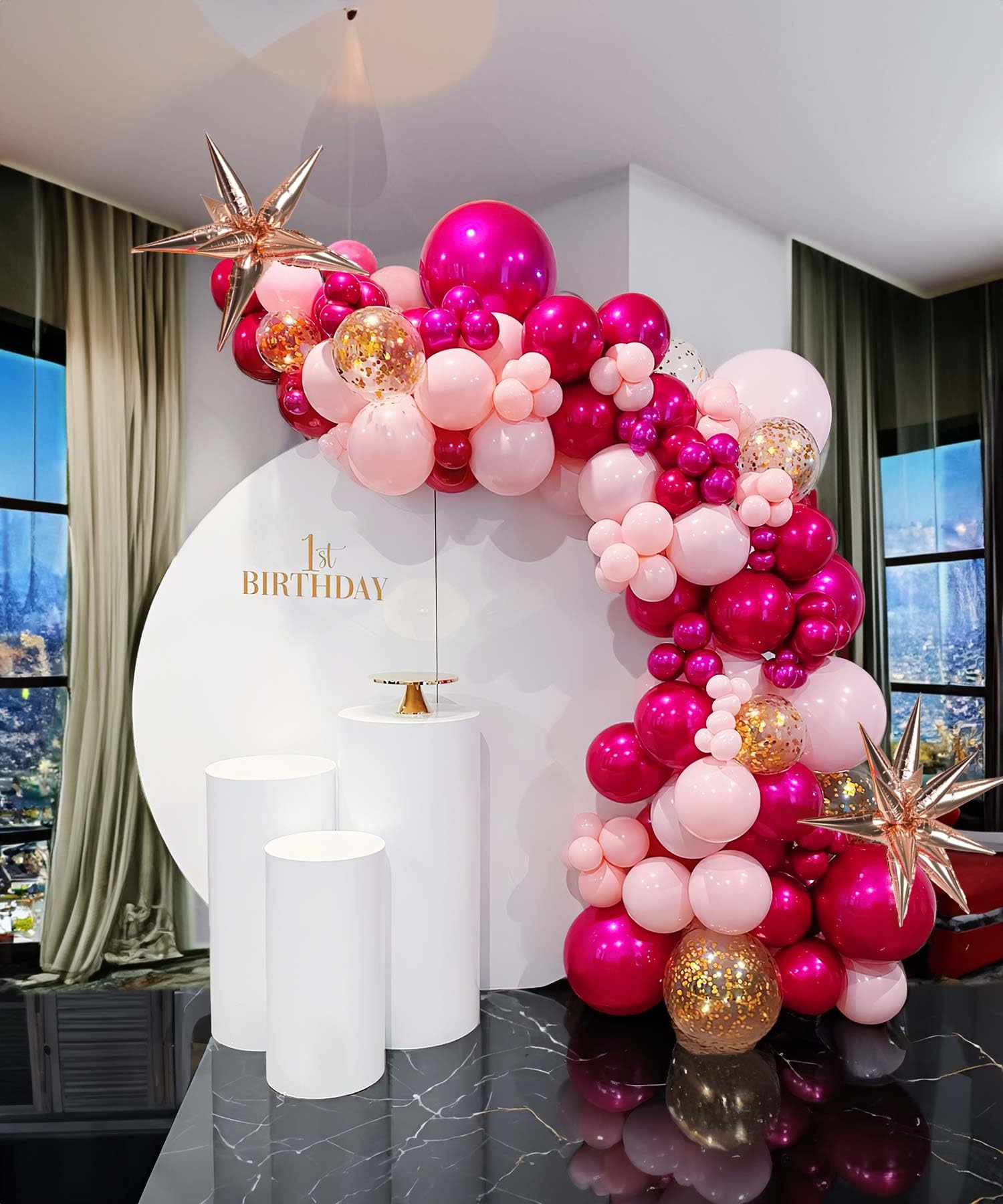 FROUFING Pink and Gold Balloon Garland Arch Kit 117Pcs Chrome Pink With Rose Gold confetti balloons and star for Sweet Girl baby shower women 15/16/21th birthday Party Decorations