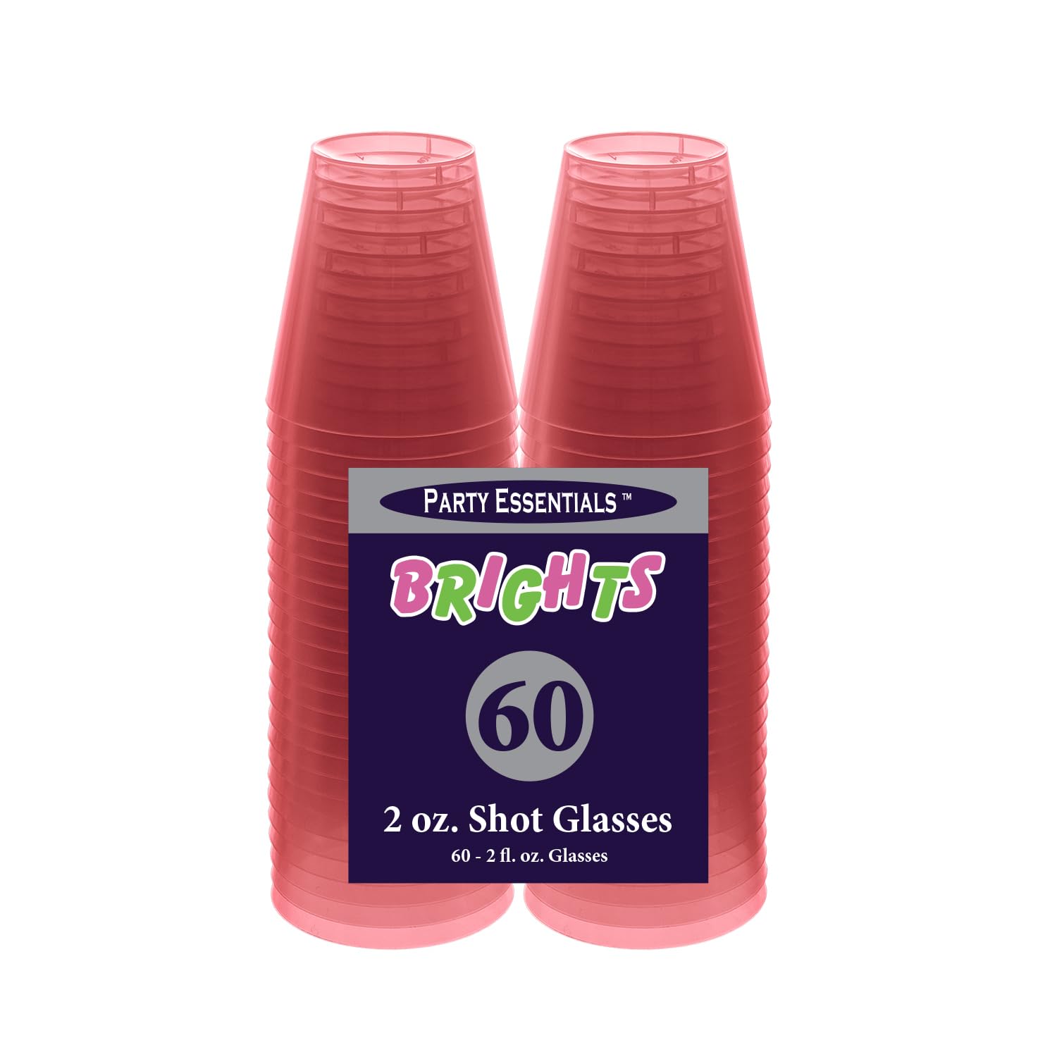 Party Essentials Hard Plastic 2-Ounce Shot Glasses, Neon Pink, 60 Count