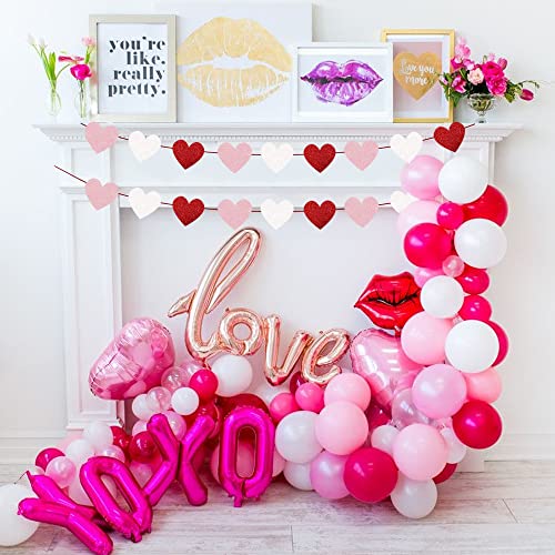 Valentine's Day Banner, Pink & Red Glittery Heart Valentines Day Banner Use for Valentine's Day Anniversary Wedding Engagement Party Home Decorations (Heart)