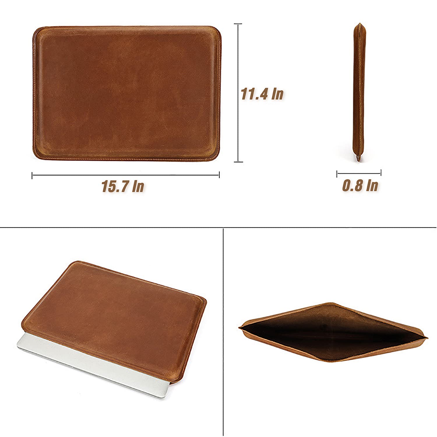 CataPurus Top Grain Leather 16.2" Slim PC Sleeve Case, Solid Vintage Design, Handmade, Compatible with MacBook Pro 16.2" A2485 M1 Max 15" Touch Bar A2141 A1707 Pro 16" Touch ID A1990, Brown 16.2 Inch