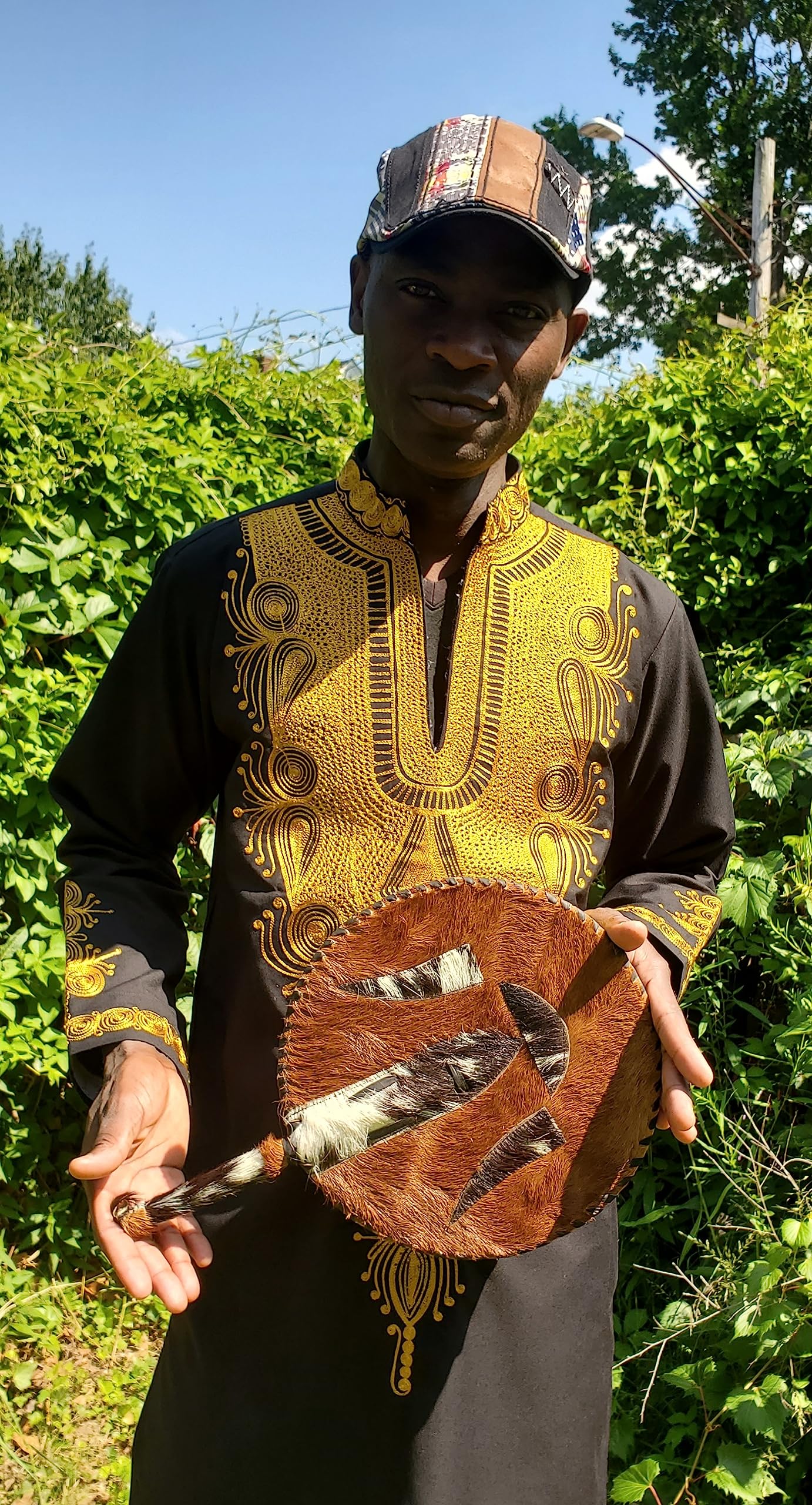African Round Leather Fan Handmade/Igbo Amaka Hand Fan/Authentic Nigerian Animal Skin Fan/Wedding fan.