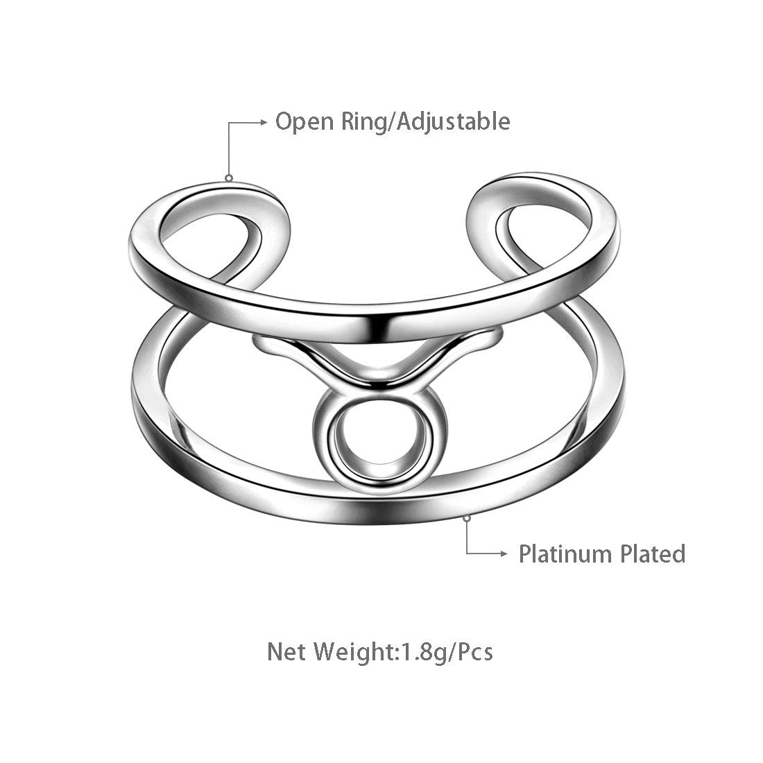beautlace Taurus Adjustable Ring Constellation Astrology Silver Plated Opening Statement Horoscope Zodiac Ring for Women Men Jewelry Gift KR0002J-W
