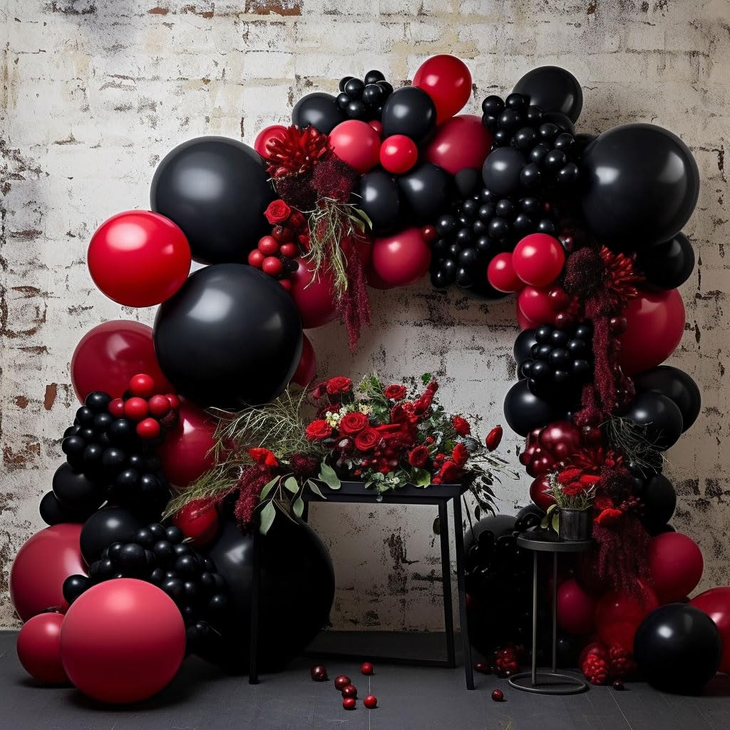 Red Black Balloons Double Stuffed Balloons Different Sizes Latex Ruby Red Balloon Garland Matte Premium Black Balloon Arch Kit for Birthday Wedding Baby Shower valentines Day Christmas Party decoratio