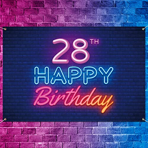 Glow Neon Happy 28th Birthday Backdrop Banner Decor Black – Colorful Glowing 28 Years Old Birthday Party Theme Decorations for Men Women Supplies