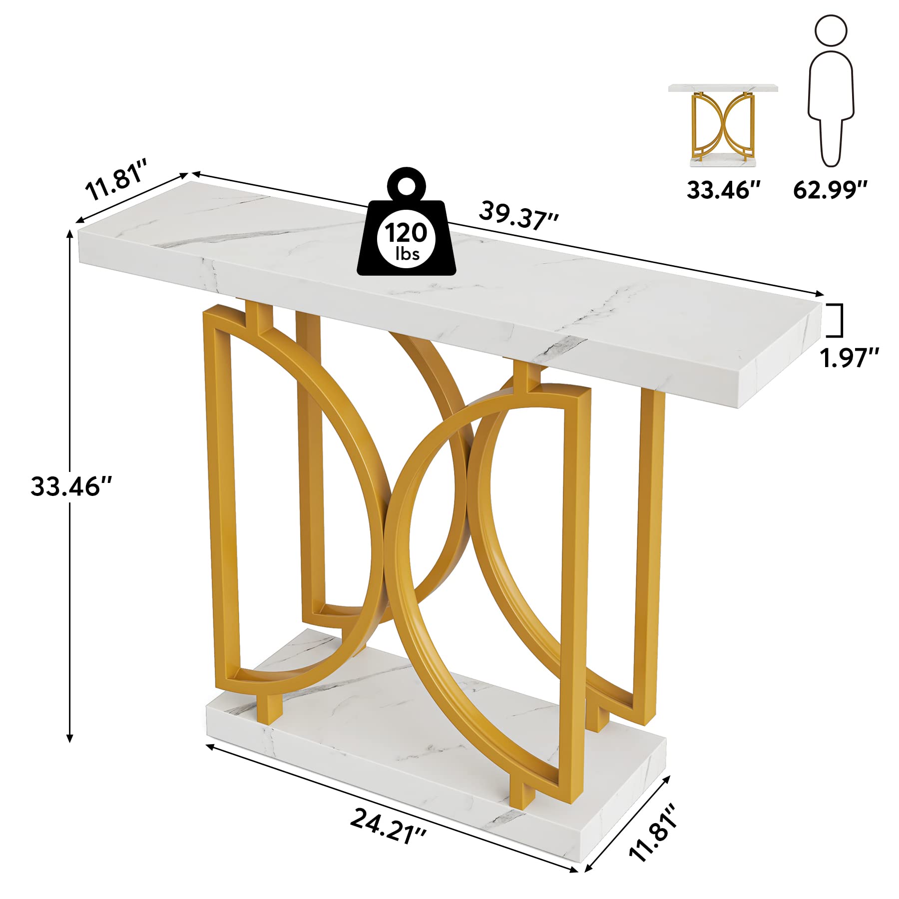 Tribesigns Gold Console Table, 39 Inch Entry Sofa Table with Double D-Shaped Metal Base, Contemporary Accent Table with Faux Marble Veneer for Entryway, Hallway, Entrance, Living Room