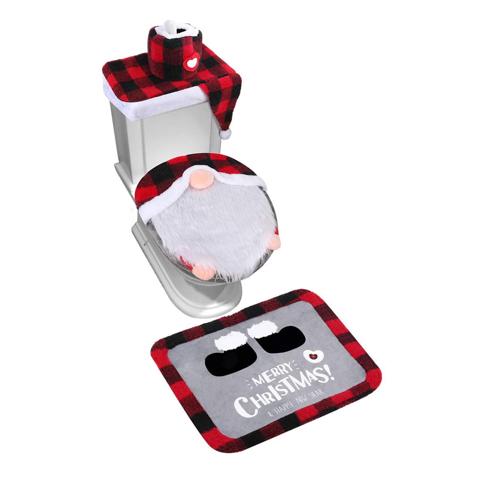 JAPIIM Christmas Toilet Seat Cover, 4pcs Christmas Bathroom Decorations, Swedish Christmas Bathroom Decor, Black Red Plaid Xcmas Decorations, Gnome Toilet Tank Cover for Christmas Bathroom Decoration