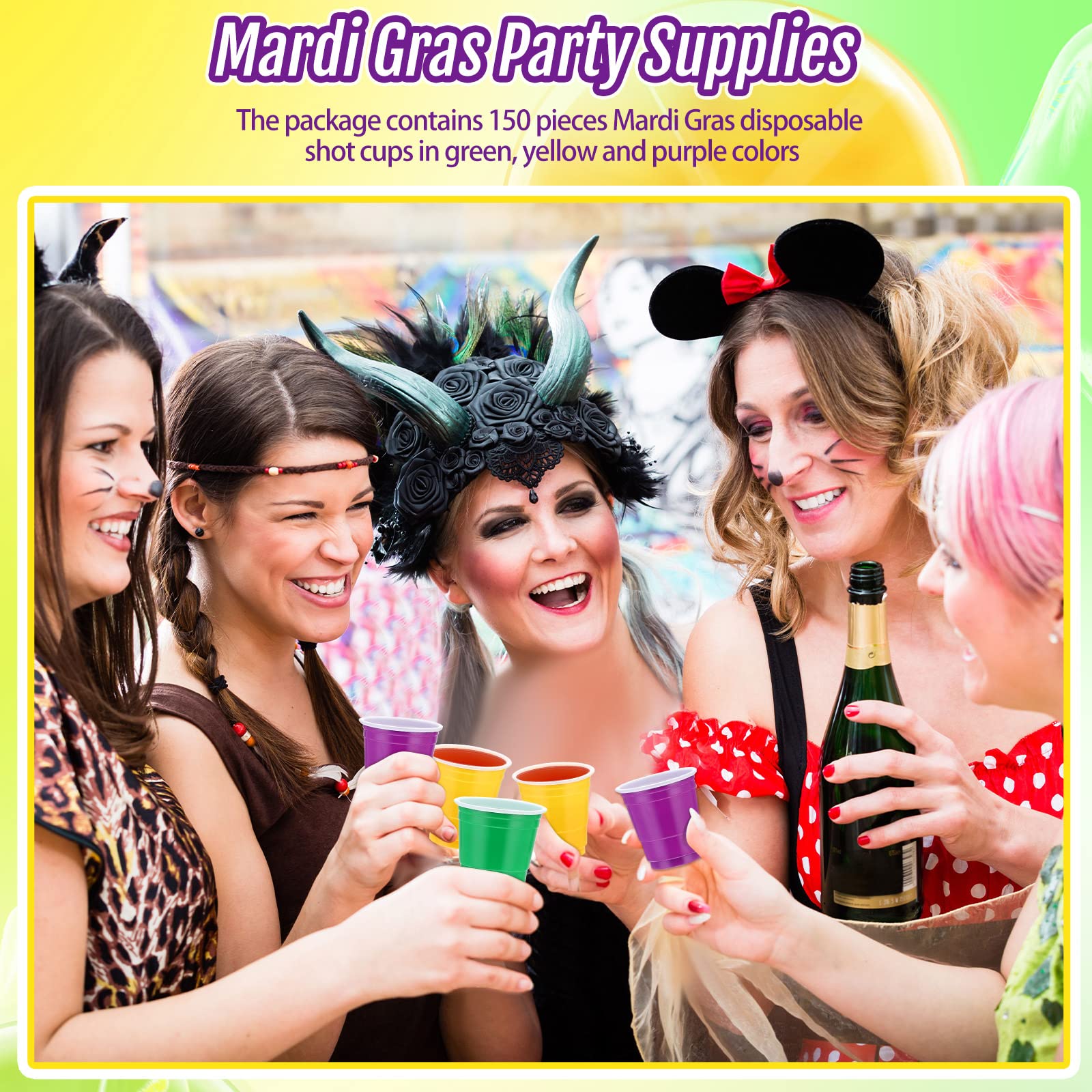 Meanplan 150 Pcs Mardi Gras 2 oz Plastic Shot Glasses Disposable Shot Cups Mini Colorful Small Party Cups for Mardi Gras Party Drinking Tasting Serving Snacks Samples, Purple Yellow Green