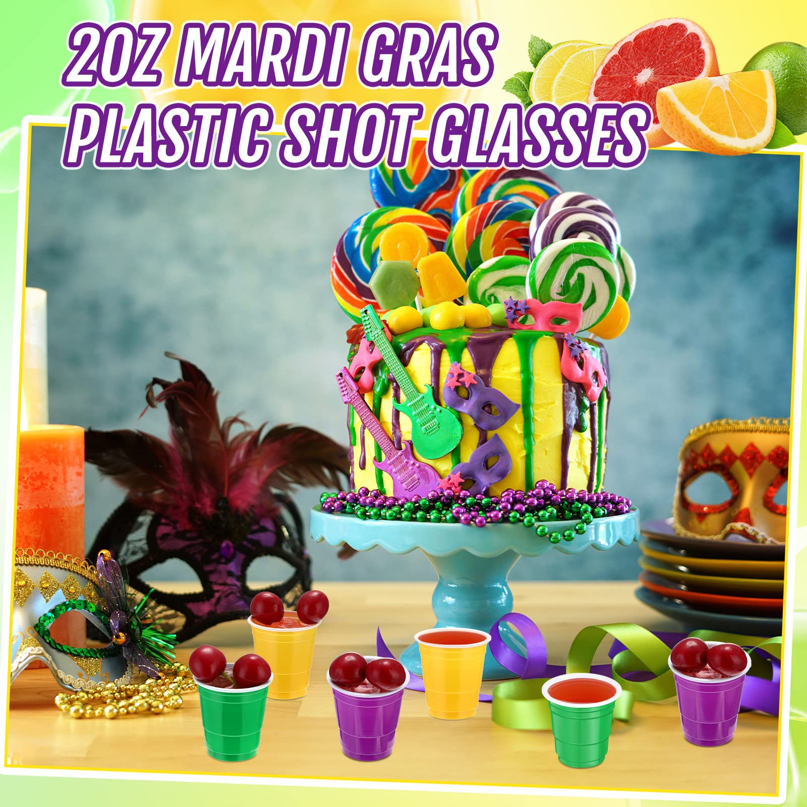 Meanplan 150 Pcs Mardi Gras 2 oz Plastic Shot Glasses Disposable Shot Cups Mini Colorful Small Party Cups for Mardi Gras Party Drinking Tasting Serving Snacks Samples, Purple Yellow Green
