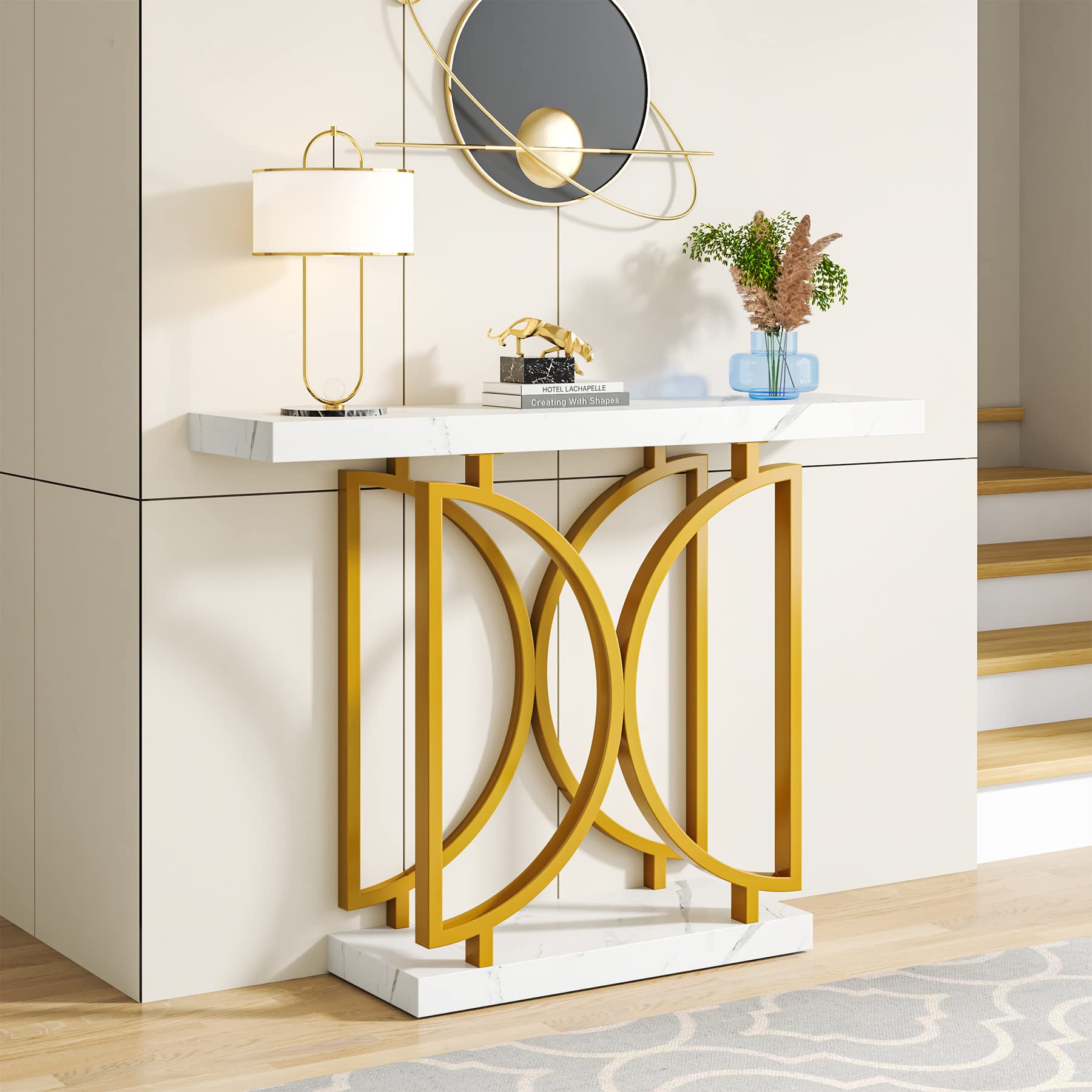 Tribesigns Gold Console Table, 39 Inch Entry Sofa Table with Double D-Shaped Metal Base, Contemporary Accent Table with Faux Marble Veneer for Entryway, Hallway, Entrance, Living Room