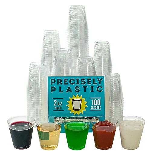 100 Shot Glasses Premium 2oz Clear Plastic Disposable Cups, Perfect Container for Jello Shots, Condiments, Tasting, Sauce, Dipping, Samples