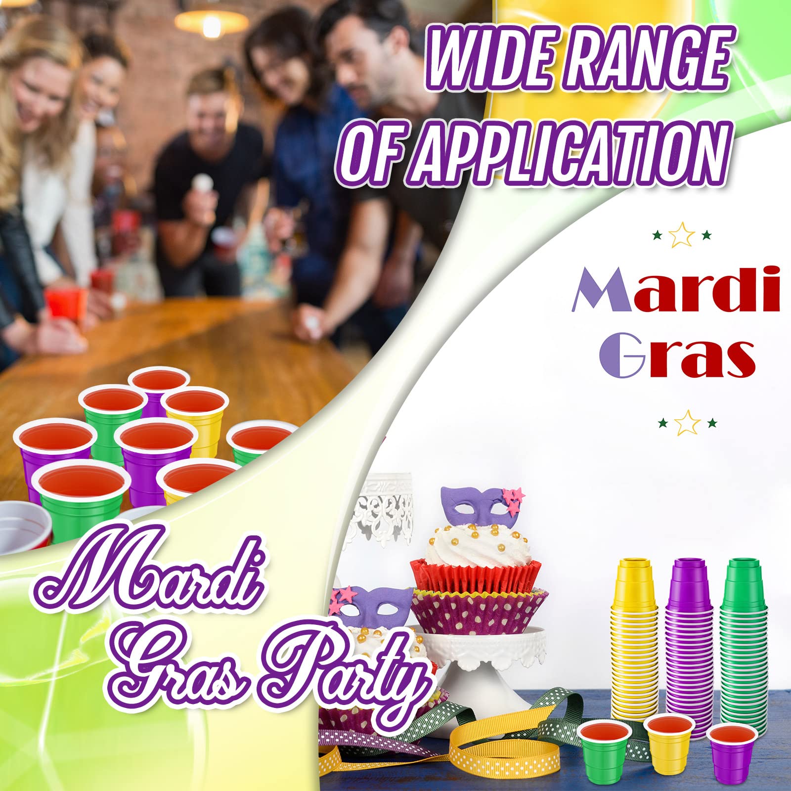 Meanplan 150 Pcs Mardi Gras 2 oz Plastic Shot Glasses Disposable Shot Cups Mini Colorful Small Party Cups for Mardi Gras Party Drinking Tasting Serving Snacks Samples, Purple Yellow Green