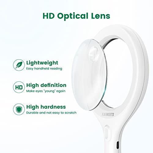 KAIWEETS Magnifying Glass with 16 LED Lights and Stand, Weight 145g Handheld Magnifier with 3 Brightness Modes Rechargeable for Close Work, Reading, Inspection, Coins, Jewelry, Exploring