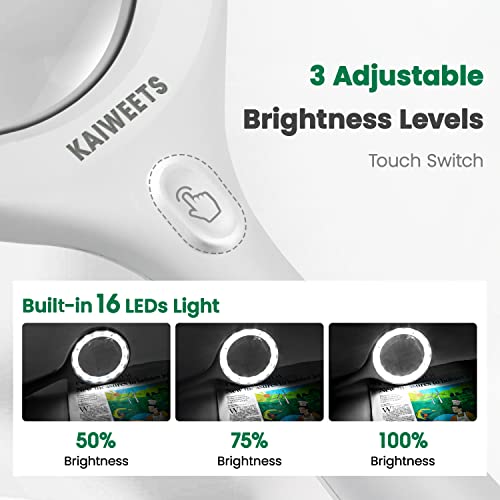 KAIWEETS Magnifying Glass with 16 LED Lights and Stand, Weight 145g Handheld Magnifier with 3 Brightness Modes Rechargeable for Close Work, Reading, Inspection, Coins, Jewelry, Exploring