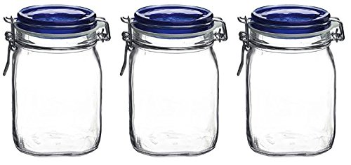 Bormioli Rocco: 3 "Fido" Jars (Capacity: 1l - 2.11 Pint), Blue Lid [ Italian Import ]