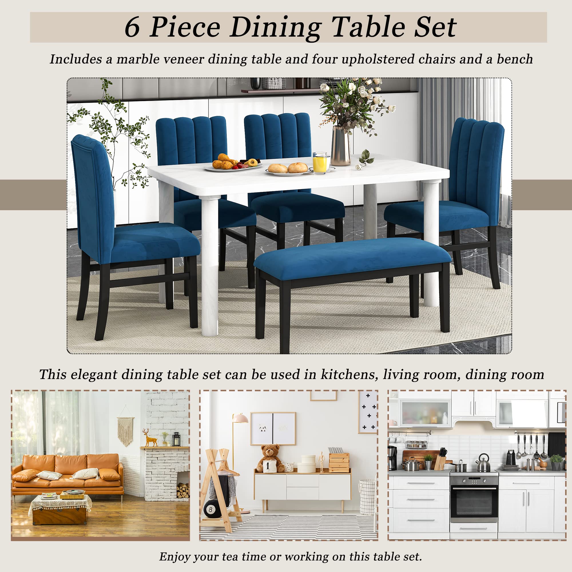 Voohek, White+Blue 6-Piece Rectangular Dining Table Set with Marble Veneer Rounded Corner Tabletop, 4 Flannelette Fabric Upholstered Chairs and 1 Bench, Solid Wood Kitchen Furniture for Family
