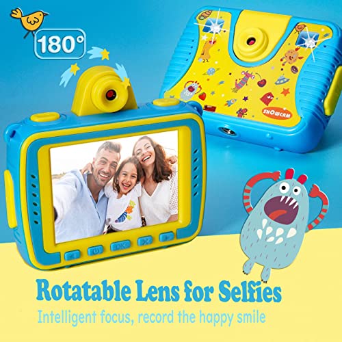 SHOWCAM Kids Waterproof Camera Best Gift for Children with Video, Underwater Child Cam for Boy Age 3,4,5,6+, Selfie Supported 1080P 8MP 2.4 Inch Large Screen, 16GB, Silicon Handle - Blue