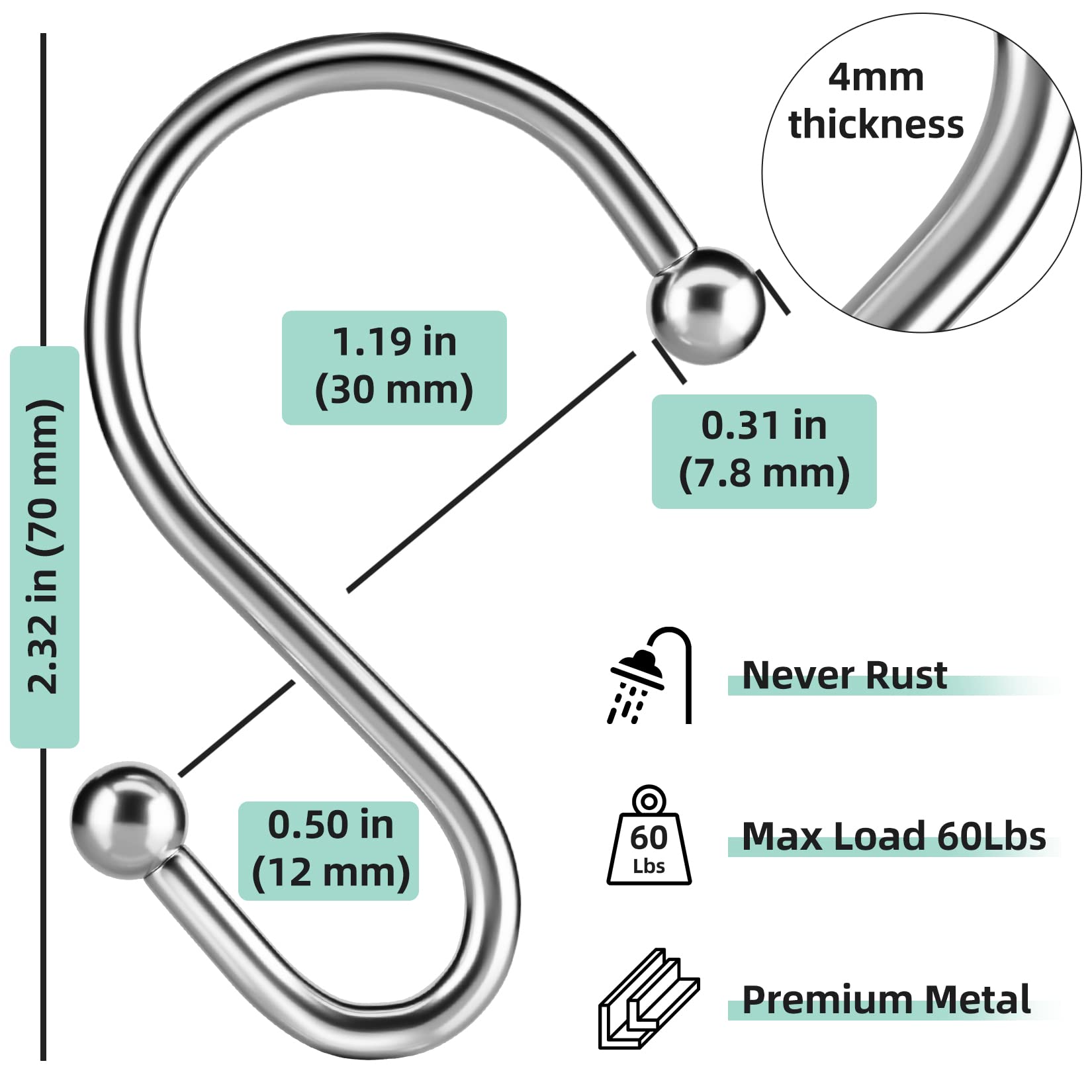 VNDUEEY 15 PCS Silver Shower Curtain Hooks Metal Shower Curtain Rings Shower Hooks, Ornament Hooks for Christmas, S Hooks for Hanging Christmas Stocking, Kitchen S Hooks for Mugs, Pots