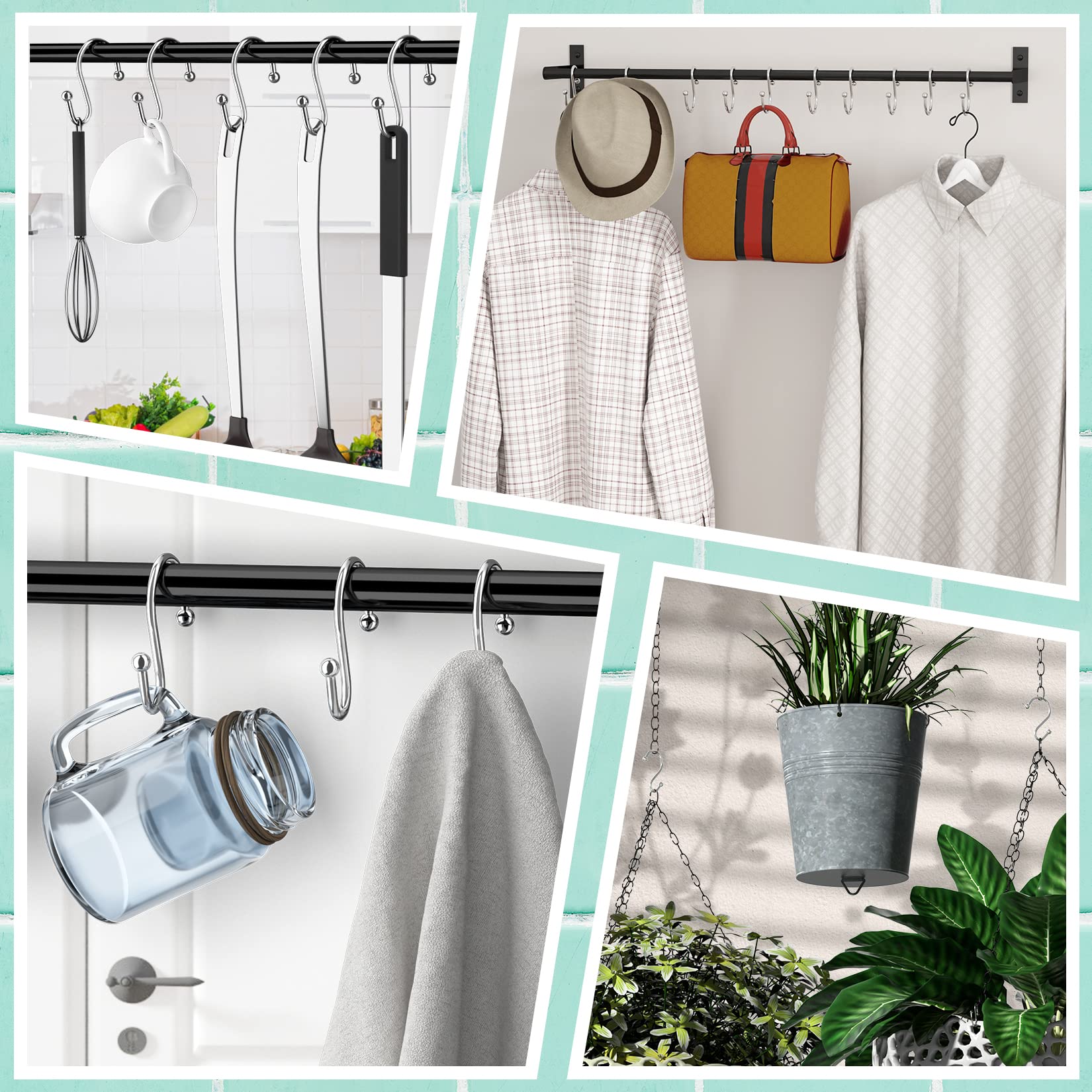 VNDUEEY 15 PCS Silver Shower Curtain Hooks Metal Shower Curtain Rings Shower Hooks, Ornament Hooks for Christmas, S Hooks for Hanging Christmas Stocking, Kitchen S Hooks for Mugs, Pots