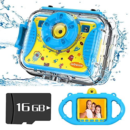 SHOWCAM Kids Waterproof Camera Best Gift for Children with Video, Underwater Child Cam for Boy Age 3,4,5,6+, Selfie Supported 1080P 8MP 2.4 Inch Large Screen, 16GB, Silicon Handle - Blue