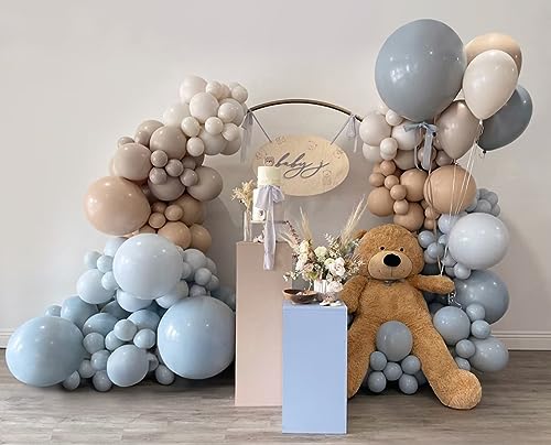 Double Stuffed Dusty Blue Blush Balloon Garland Balloons with 138PCS White Sand Grey Latex Balloons Neutral Balloon Arch Kit For Baby Shower Boho Birthday Gender Reveal Party Decorations (Blue)
