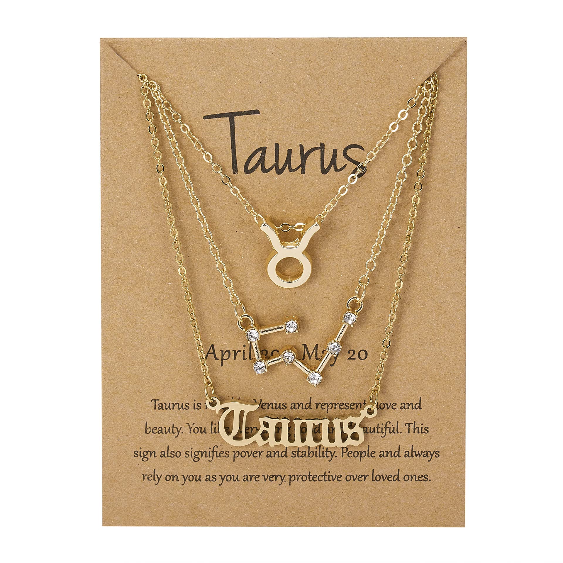 COLORFUL BLING 3Pcs 12 Constellation Zodiac Sign Layered Choker Necklaces Set Letter Astrology Horoscope with Message Card for Women Jewelry - Taurus Gold