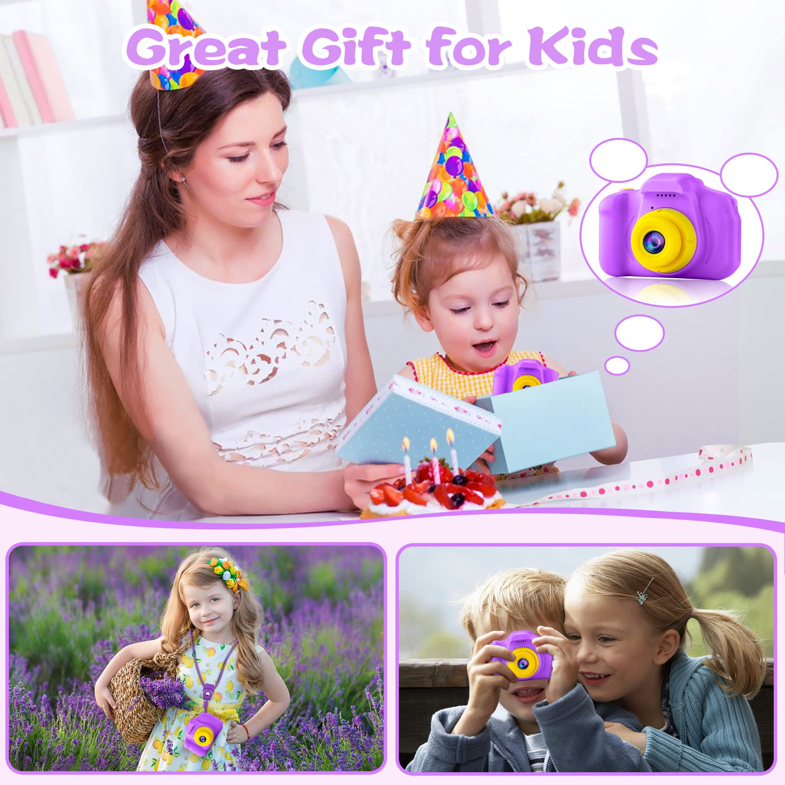 PROGRACE K1 Kids Digital Camera, Purple with 32GB Card, Unisex