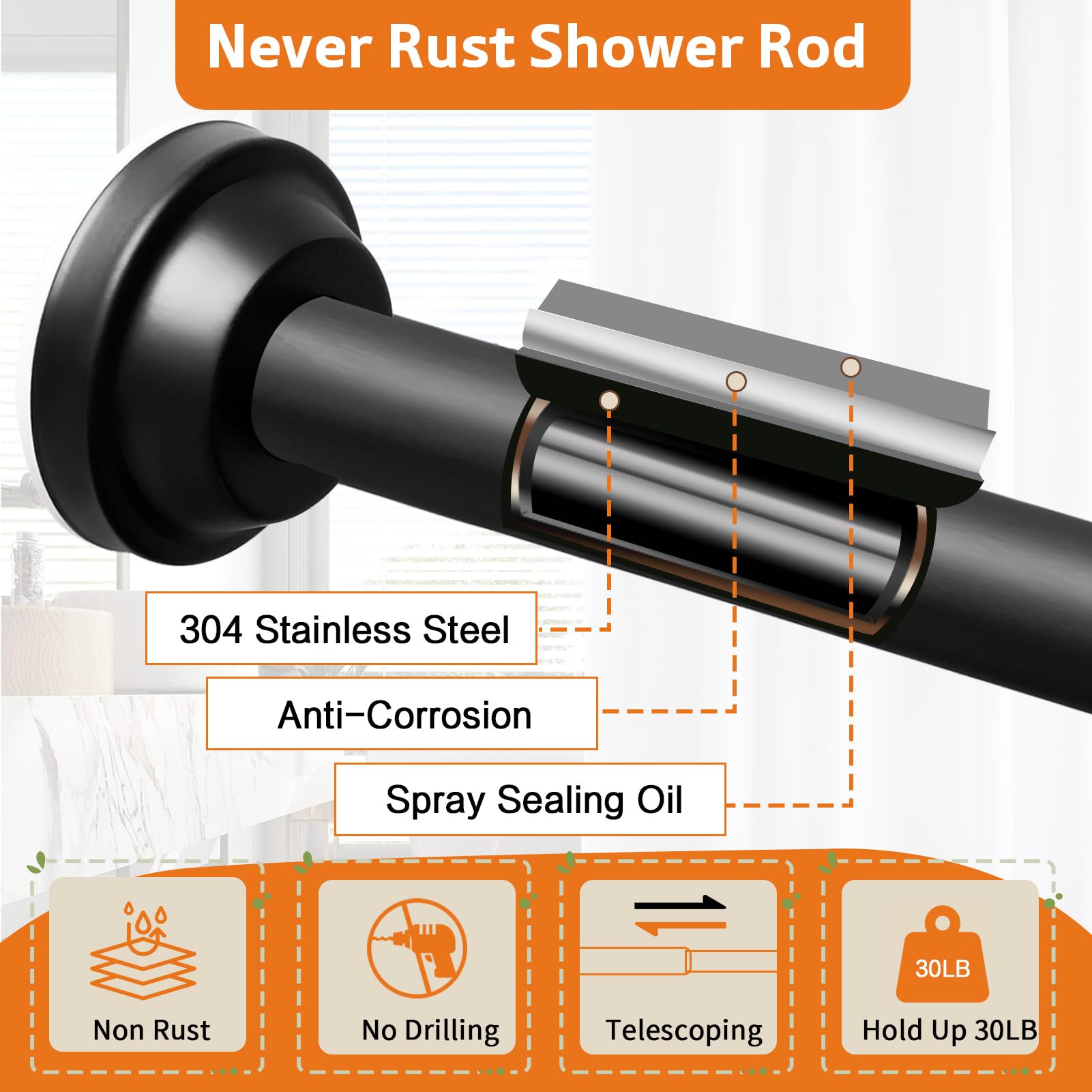 Haryaers Matte Black Shower Curtain Rod, 40-76 Inches No Drilling Adjustable Tension Curtain Rods for Bathroom, Stainless Steel Metal Spring, 1 Inch Diameter, Anti-Slip, No Rust