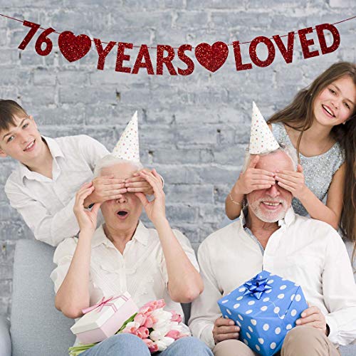 Red 76 Year Loved Banner, Red Glitter Happy 76th Birthday Party Decorations, Supplies