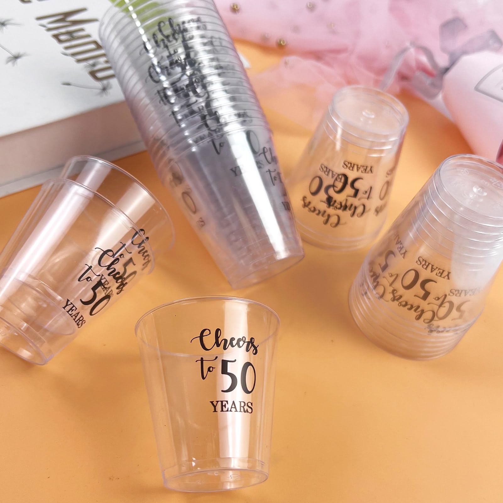 100 Pack Cheers to 50 Years Shot Glasses 2 oz Hard Plastic Disposable Cups, 50th Party Favors Small Clear Tasting Cups for Wine Whiskey for Women Men Wedding Anniversary