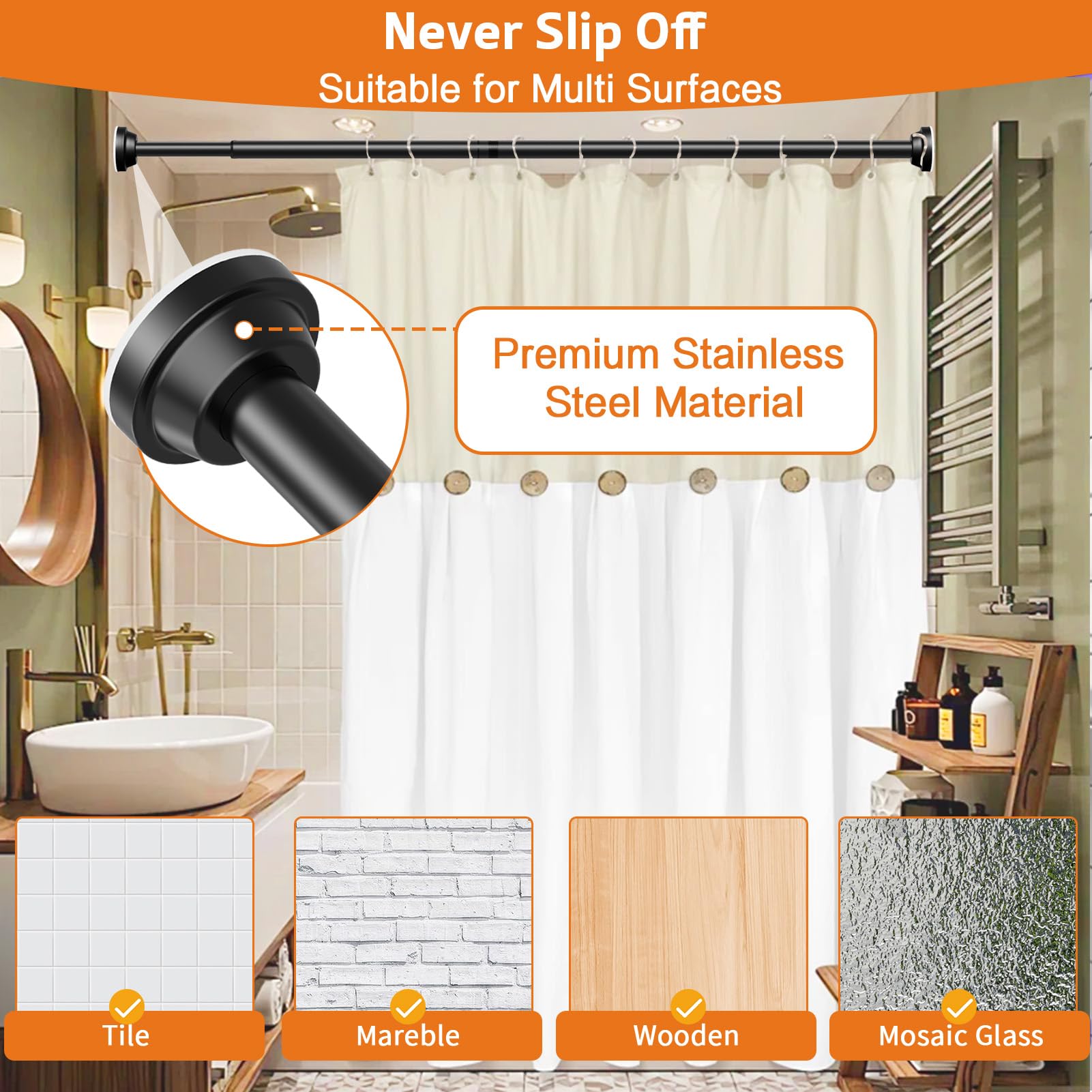 Haryaers Matte Black Shower Curtain Rod, 40-76 Inches No Drilling Adjustable Tension Curtain Rods for Bathroom, Stainless Steel Metal Spring, 1 Inch Diameter, Anti-Slip, No Rust