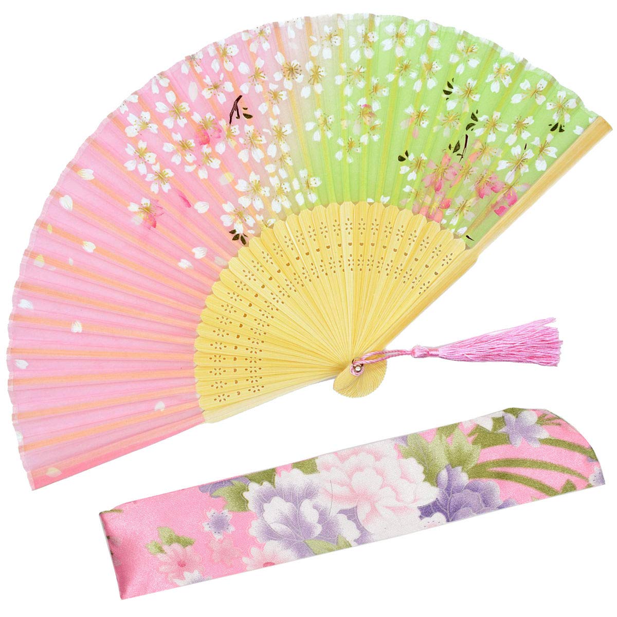 OMyTea® Hand Held Silk Folding Fans with Bamboo Frame - with a Fabric Sleeve for Protection for Gifts - 100% Handmade Oriental Chinese/Japanese Vintage Retro Style (WZS-45)