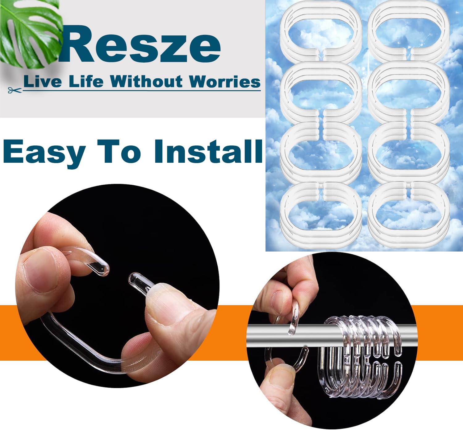 Resze 24 PCS Shower Curtain Rings, Plastic Clear Shower Curtain Hooks, C-Shaped Rings Hook Hanger Bathroom Shower Window Rod