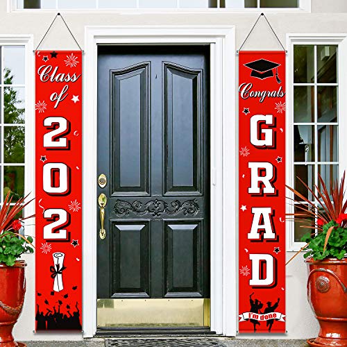 Graduation Porch Sign Class of 2021 Congrats Grad Decorations, Graduation Banners Party Backdrop Door Sign Welcome Hanging Decoration for Photo PoParty Wall Decoration Door Yard (Red)